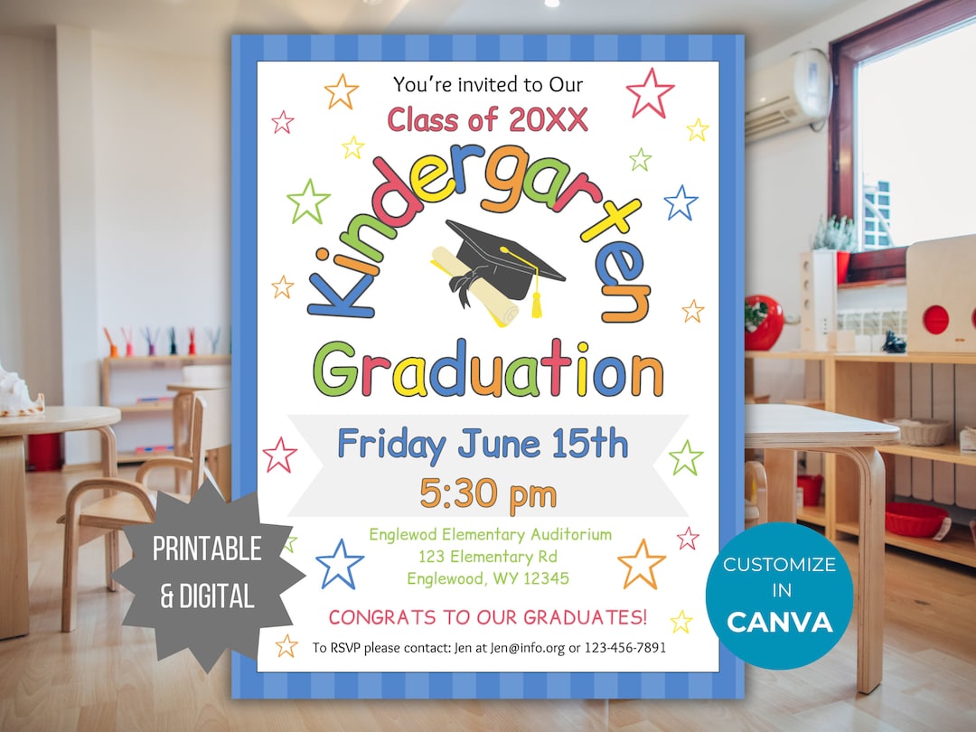 Editable Kindergarten Graduation Invitation Printable Elementary School ...