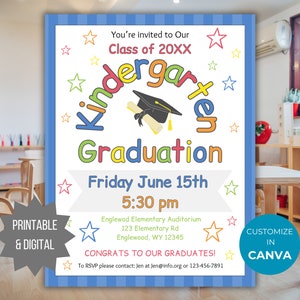 Editable Kindergarten Graduation Invitation Printable Elementary School ...