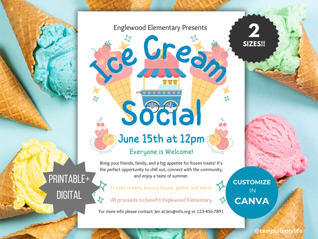Ice Cream Fundraiser Flyer PTA PTO Template Summer School Event Poster ...