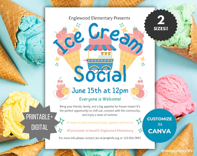 Ice Cream Social Editable Flyer, Instant Download, Ice Cream Fundraiser ...