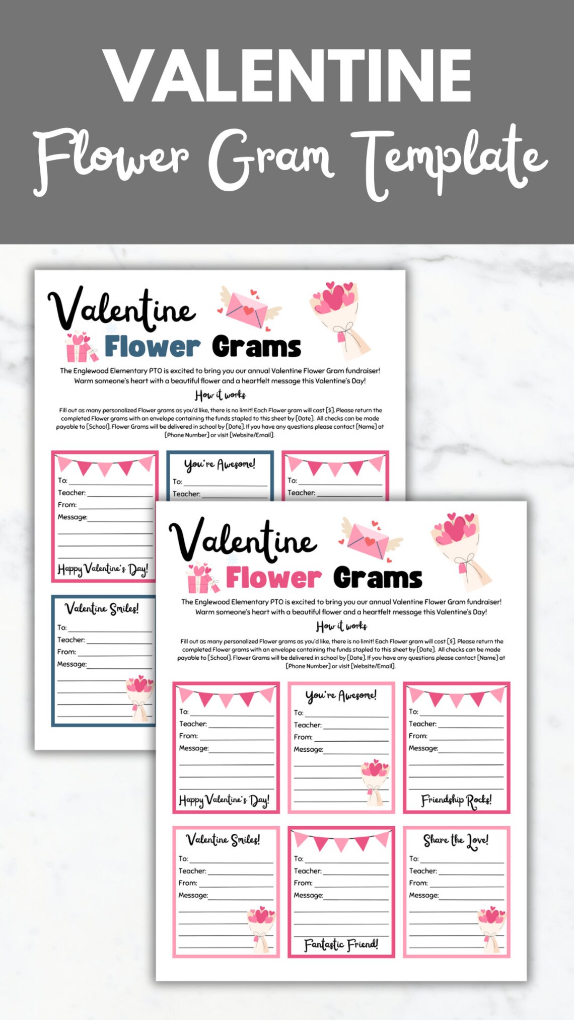 Valentine Flower Gram Flyer PTO Template Valentines Day Gram Printable ...