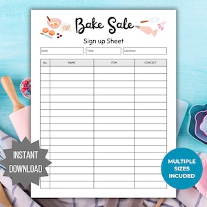 Bake Sale Sign up Sheet Printable School Dessert Sign up List Church ...
