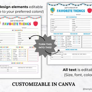 Teacher Favorites List Printable Teacher Survey Back to School Teacher ...