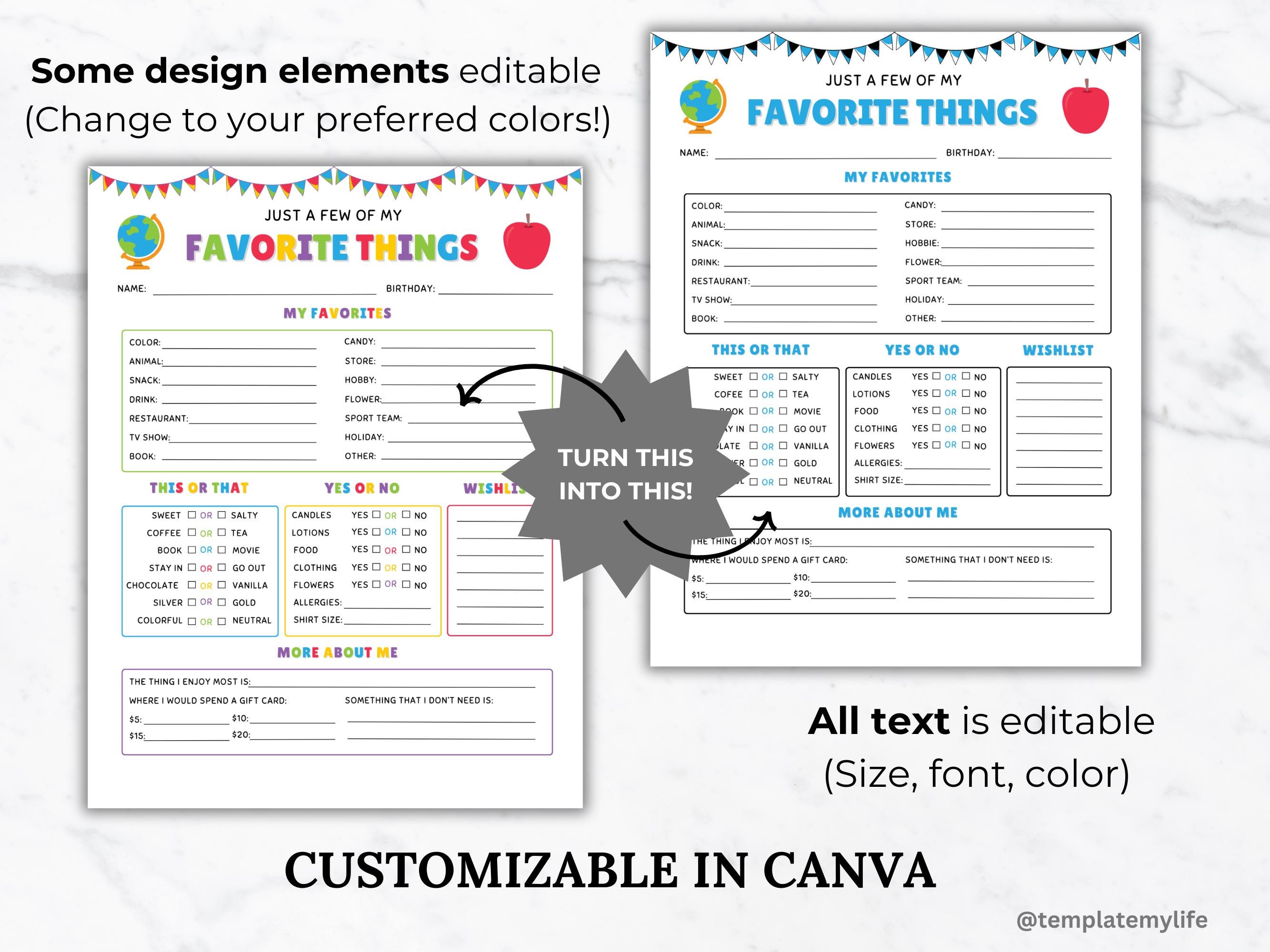 Teacher Favorites List Printable Teacher Survey Back to School Teacher ...