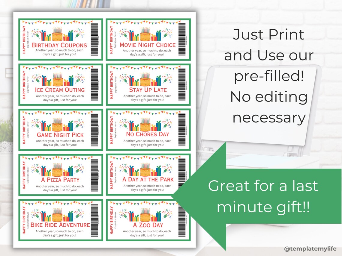 Birthday Coupon Book for Kids Birthday Gift Voucher Printable Kids ...