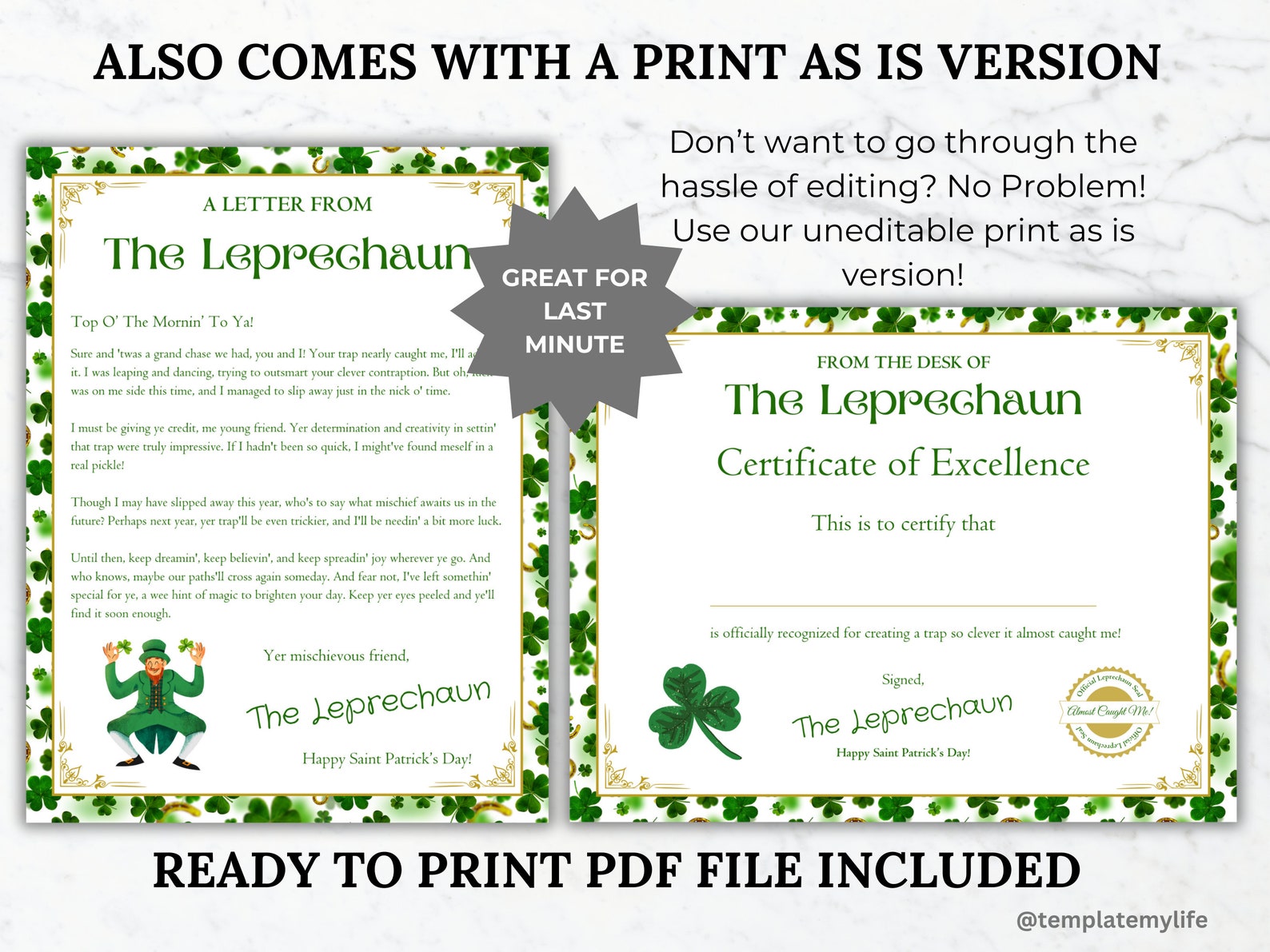 Customizable St Patricks Day Letter Leprechaun Trap Certificate ...