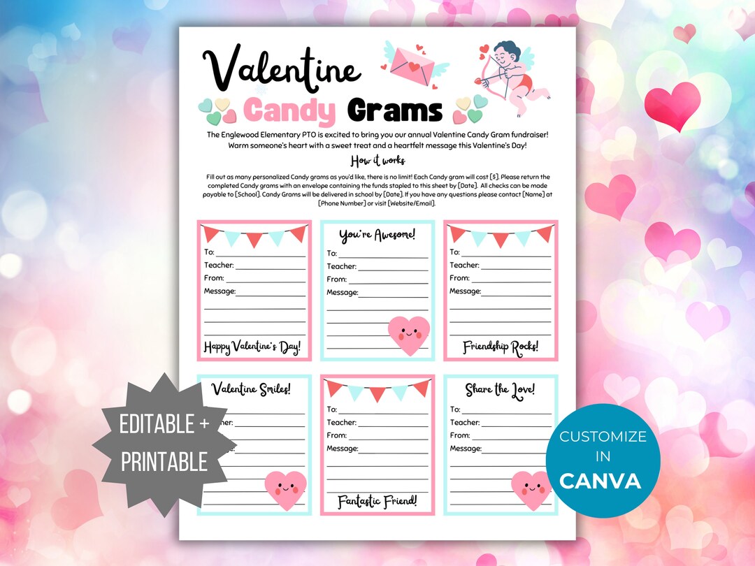 Valentine Candy Gram Flyer PTO Template Valentines Day Candy Gram ...