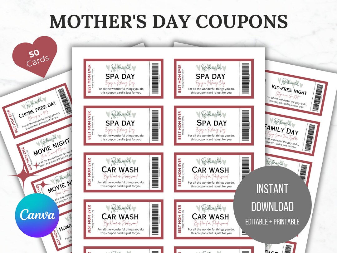 Mothers Day Printable Coupons Last Minute Gift Printable for Mother's ...