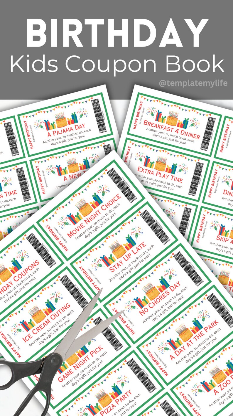 Birthday Coupon Book for Kids Birthday Gift Voucher Printable Kids ...