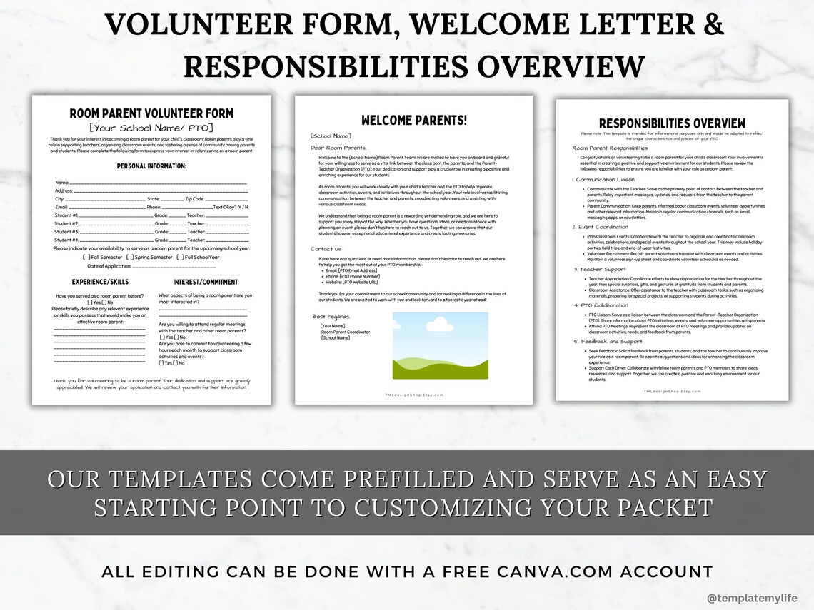 PTA Room Parent Welcome Packet PTO Class Parent Volunteer Info Binder ...