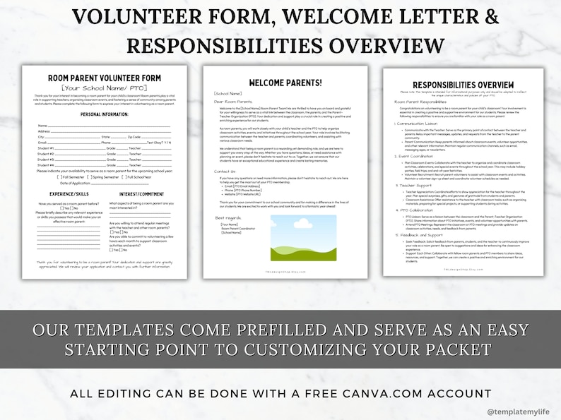 PTA Room Parent Welcome Packet PTO Class Parent Volunteer Info Binder ...