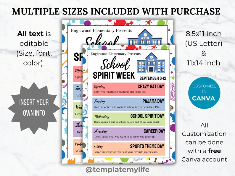 School Spirit Week Flyer PTO Template Back to School Spirit Flyer ...