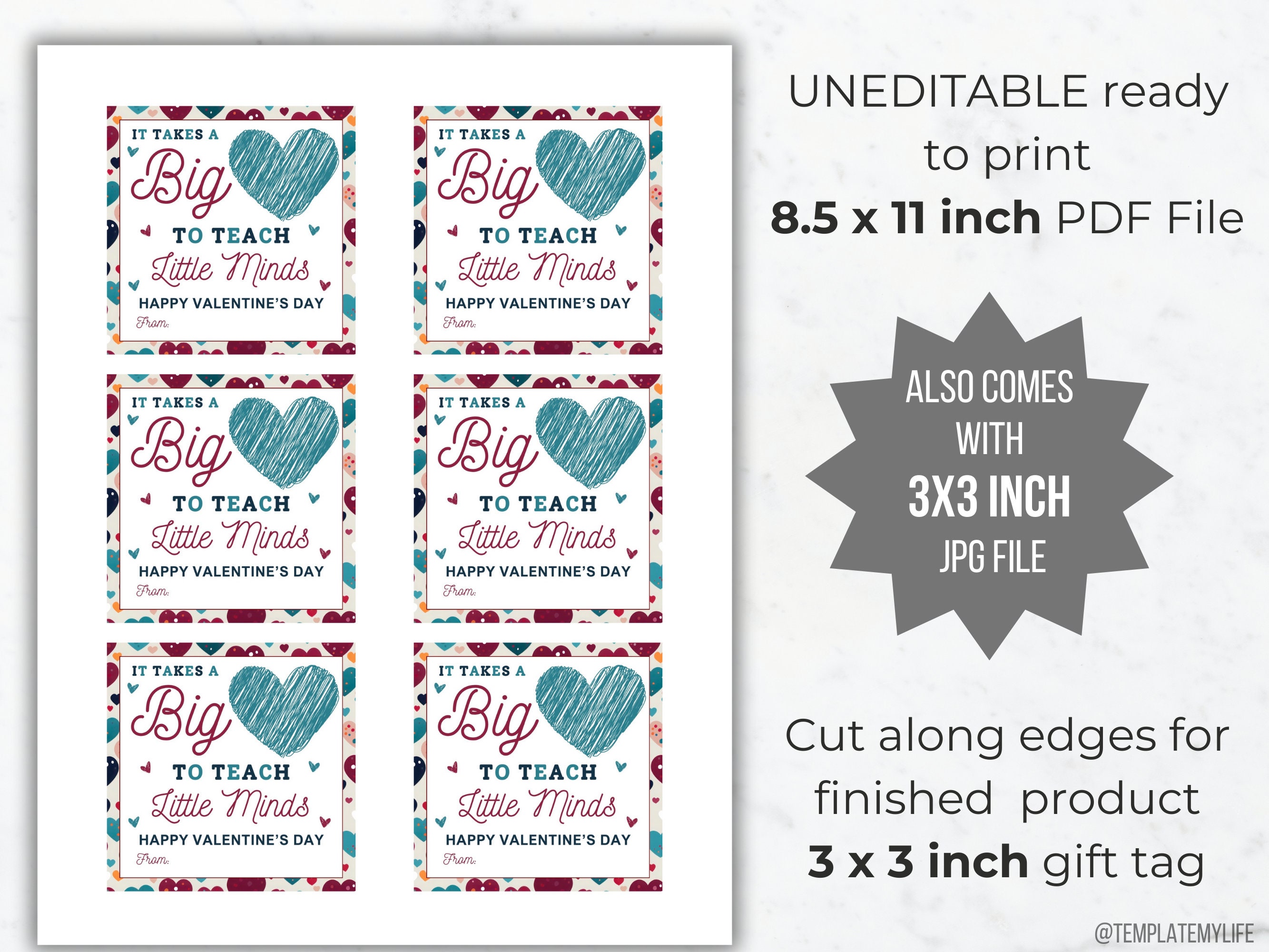 Teacher Valentine Gift Tag Printable Elementary Educator Gift Bag Label ...