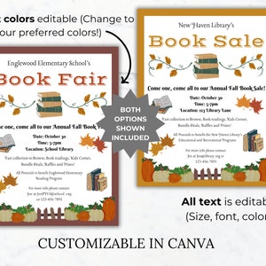 Fall Book Fair Flyer Template Book Sale Flyer Editable Fall School ...