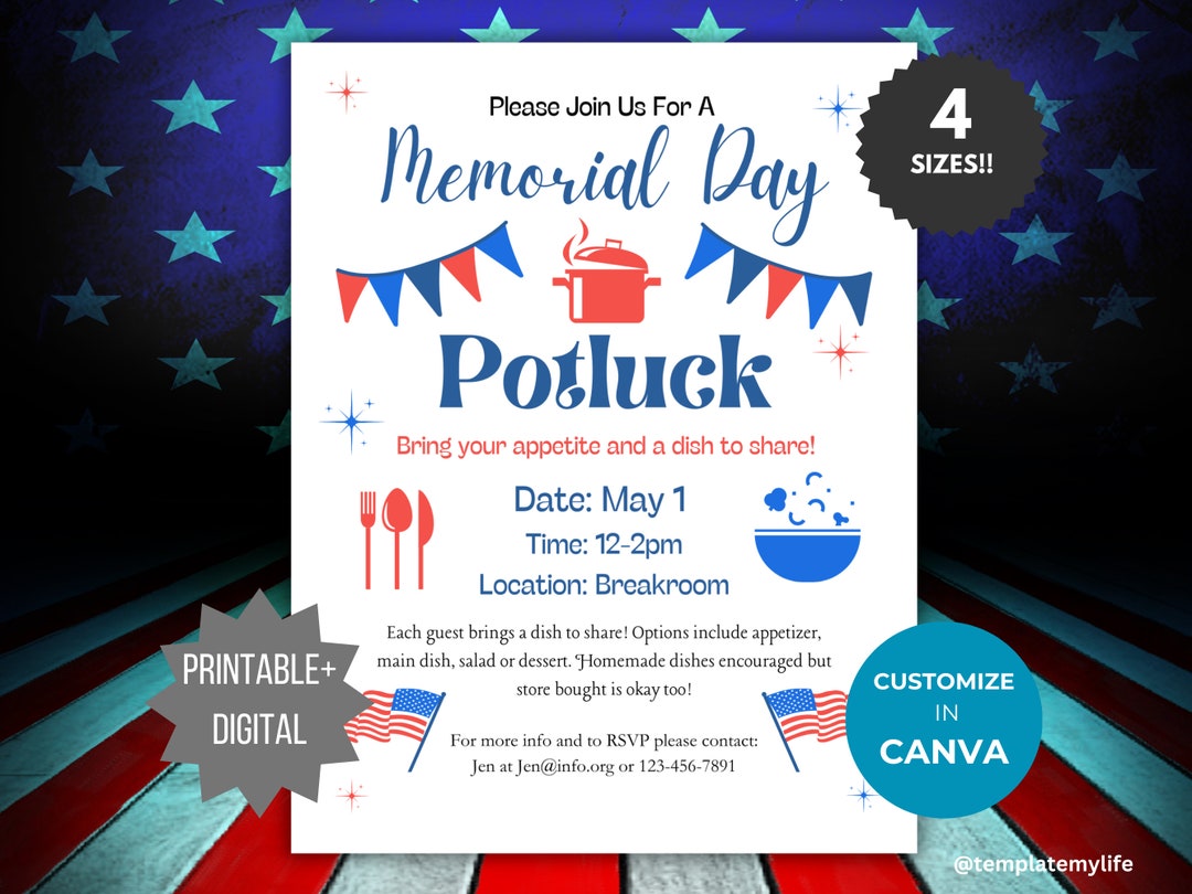 Memorial Day Potluck Invitation Template Potluck Invite Flyer Office ...