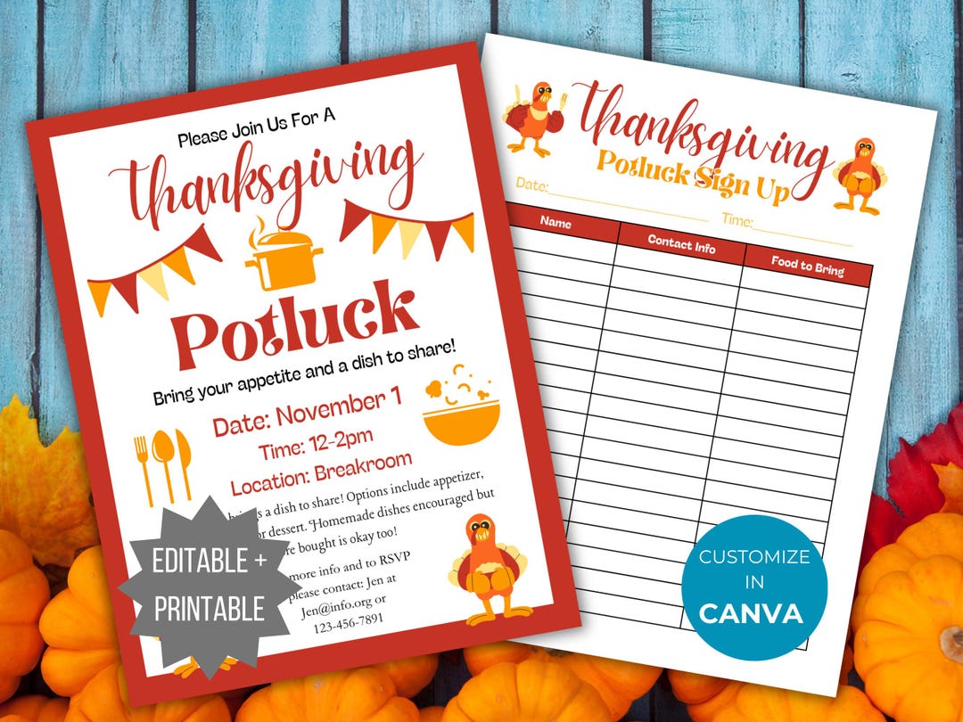 Thanksgiving Potluck Invite Flyer Template Fall Potluck Sign up Sheet ...