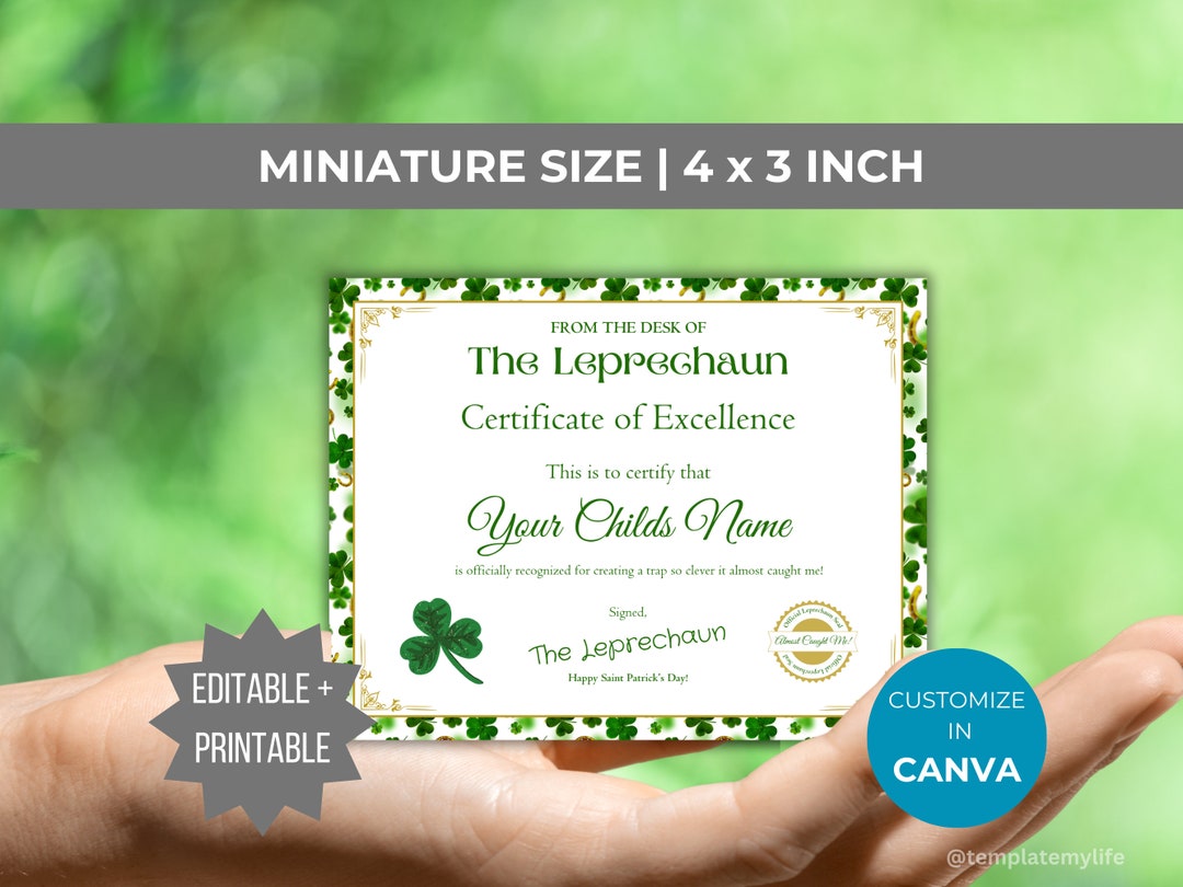 Leprechaun Trap Printable MINI Certificate Leprechaun Gift St Patricks ...