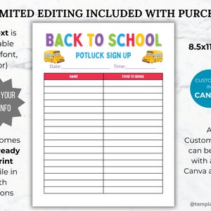 Back to School Potluck Sign up Sheet Template Editable Potluck Sign up ...