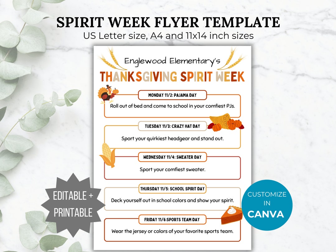 Thanksgiving Spirit Week Flyer Printable School Spirit Flyer Editable ...