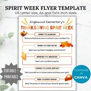 Thanksgiving Spirit Week Flyer Printable School Spirit Flyer Editable ...