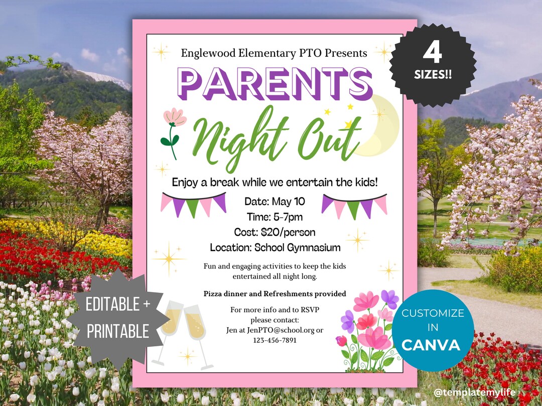 Spring Parents Night Out Flyer Template PTO School Fundraiser PTA Flyer ...