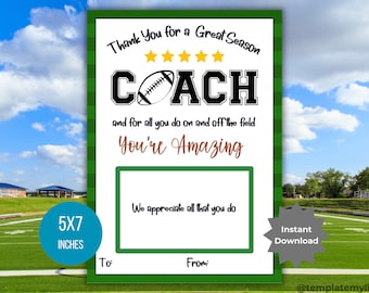 Football Coach Gift Card 5x7 Printable Gift Card for Coach Thank You ...