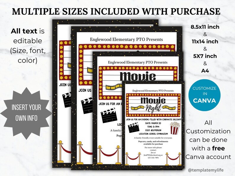 Movie Night Invitation PTO Template School Fundraiser PTA Flyer Family ...