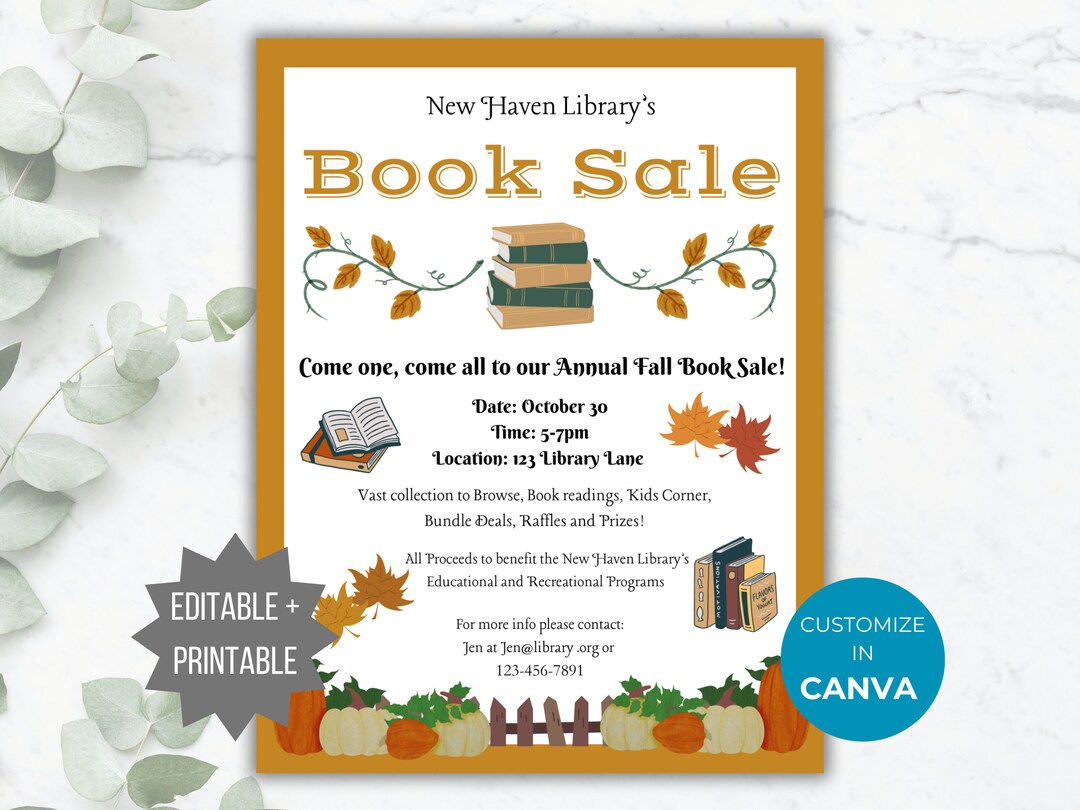 Fall Book Sale Flyer Template Book Fair Flyer Editable Fall Church ...