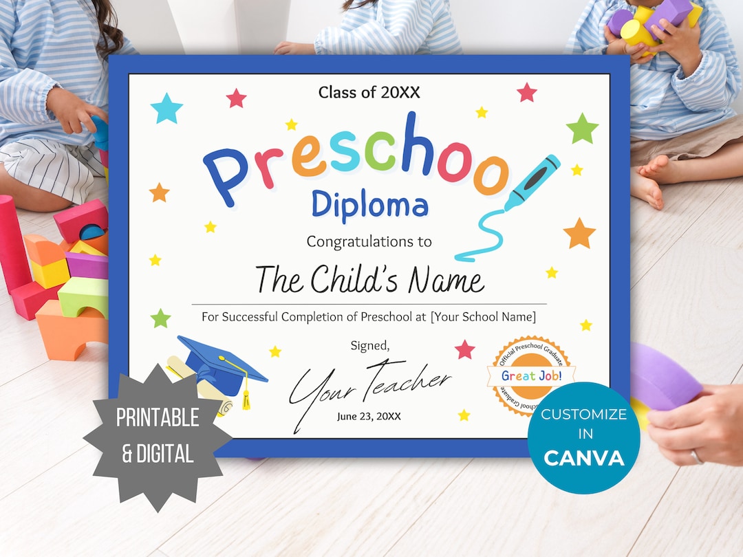 Preschool Diploma Editable Graduation Certificate Template Elementary ...