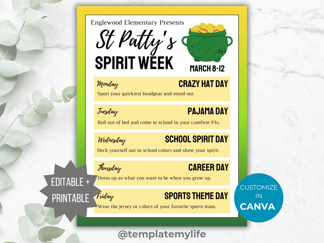 St Patrick Spirit Week Flyer Printable Office Spirit Flyer Template St ...