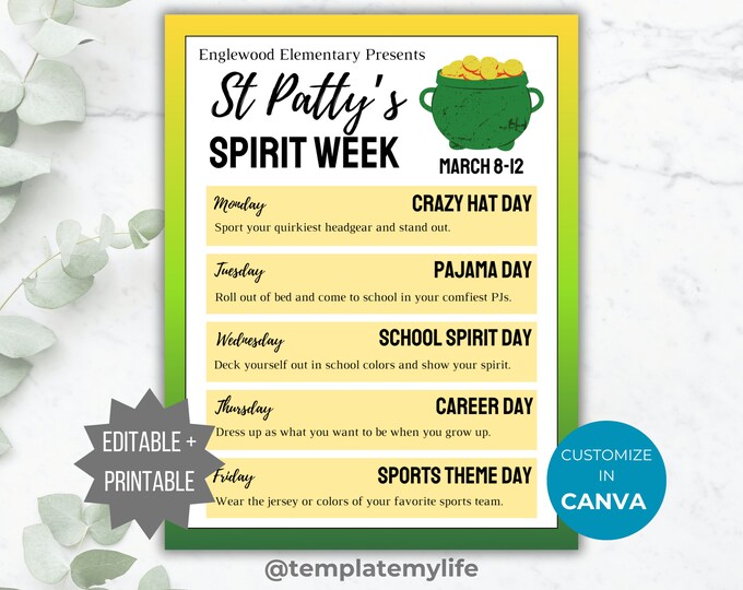 Editable St Patrick's Day Spirit Week Flyer, March Spirit Week Template ...