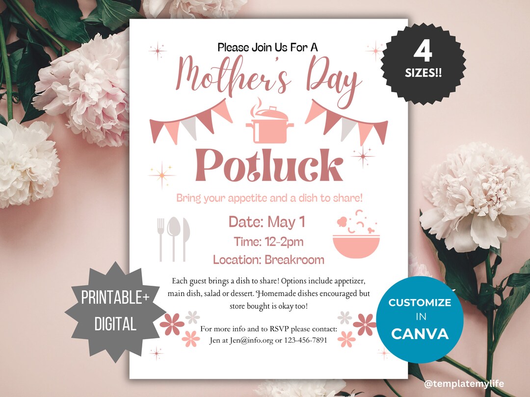 Mothers Day Potluck Invitation Template Potluck Invite Flyer Office ...