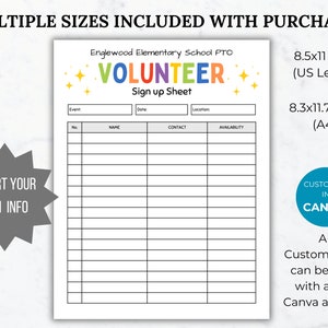 PTA Sign up Sheet Template PTO Sign up Sheet Printable School Event ...
