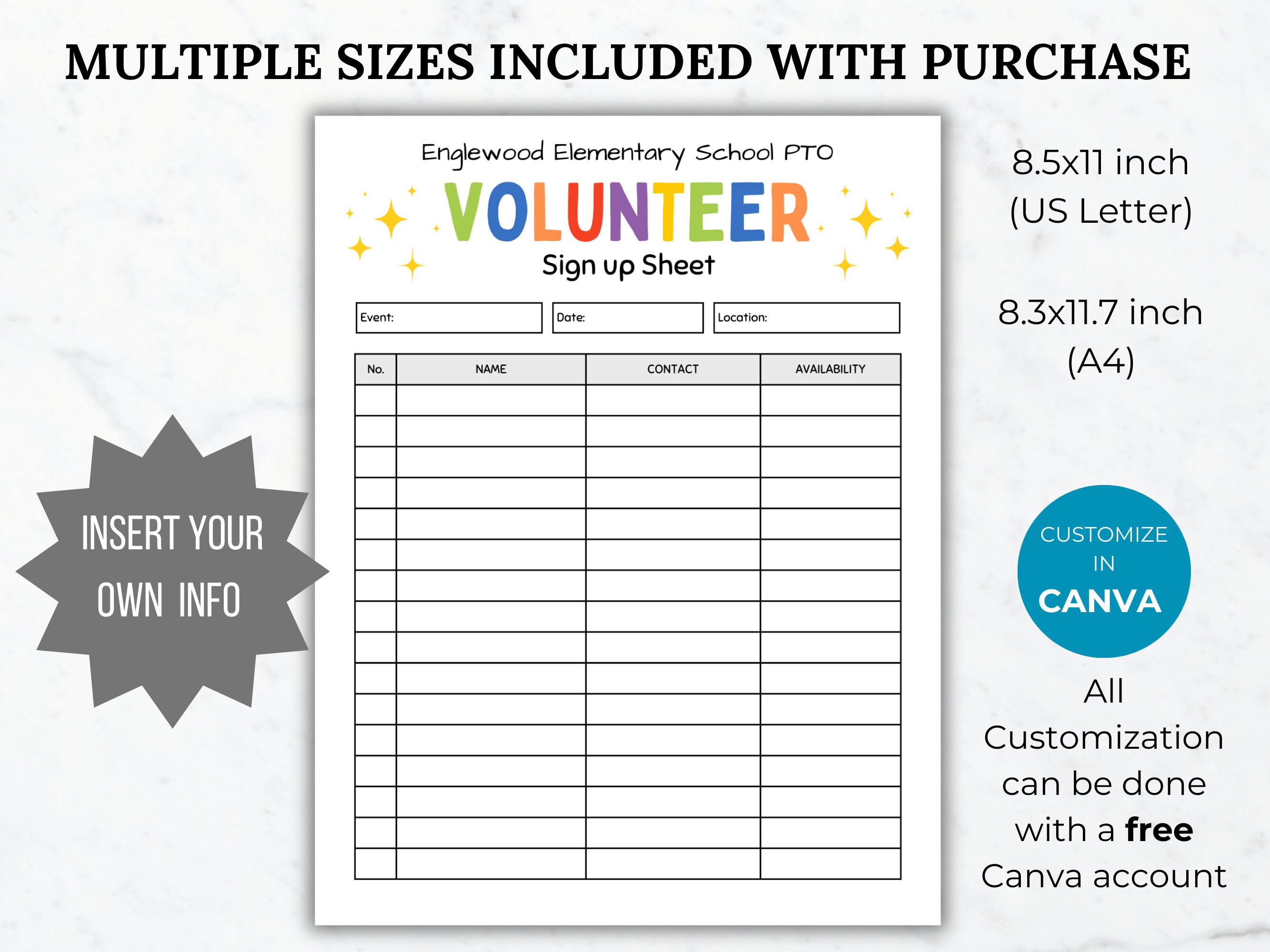 PTA Sign up Sheet Template PTO Sign up Sheet Printable School Event ...