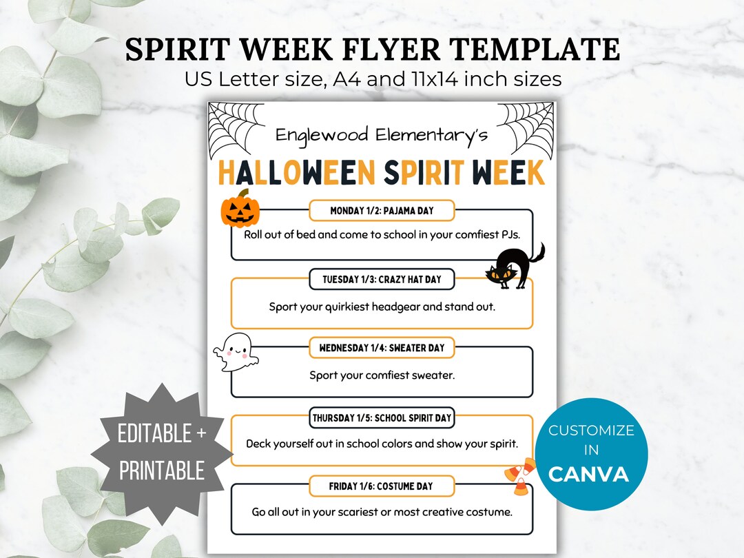 Halloween Spirit Week Flyer Printable PTO School Spirit Flyer Editable ...
