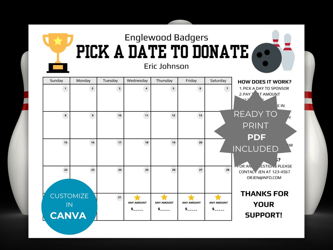 Bowling Pick a Date to Donate Template Bowling League Fundraiser ...