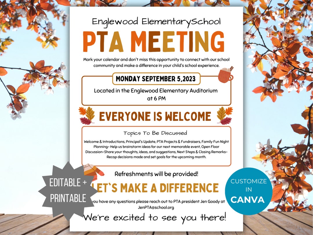Fall PTA Meeting Flyer Printable PTO Fall Meeting Flyer Editable ...