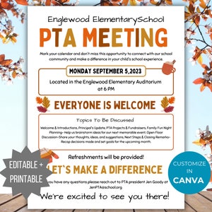 Fall PTA Meeting Flyer Printable PTO Fall Meeting Flyer Editable ...