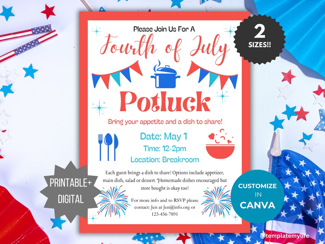 Independence Day Potluck Flyer Template Potluck Invitation Flyer ...