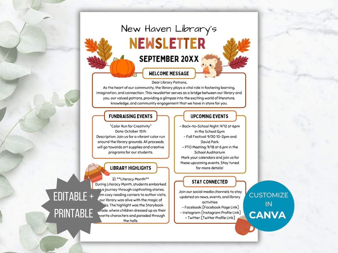 Fall Newsletter Flyer Printable Community Newsletter Flyer Editable ...
