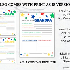 All About My Grandpa Printable Fathers Day Gift Idea Papa Thank You ...
