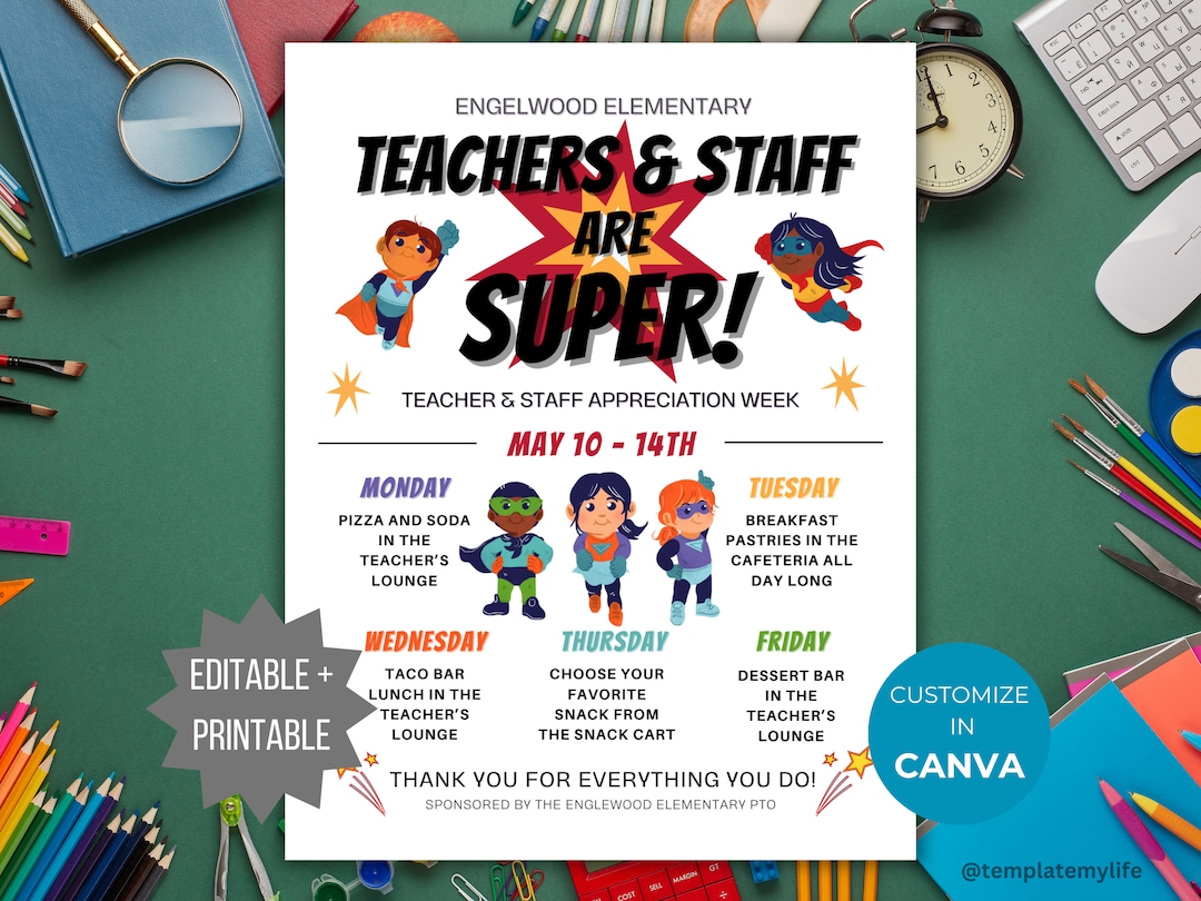 Teacher Appreciation Week Flyer Template Super Hero Theme Staff ...
