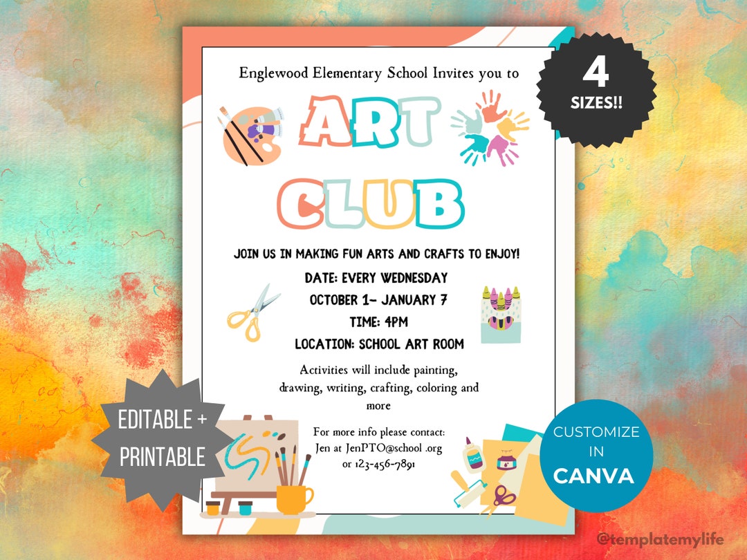 Art Club Invitation Template Editable Art Club Library Flyer Art ...