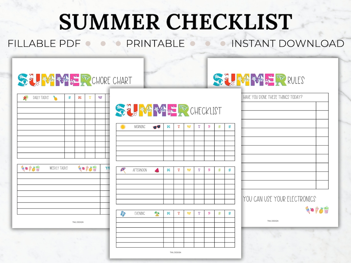 Printable Summer Daily Checklist Editable Chore Chart for Kids Summer ...