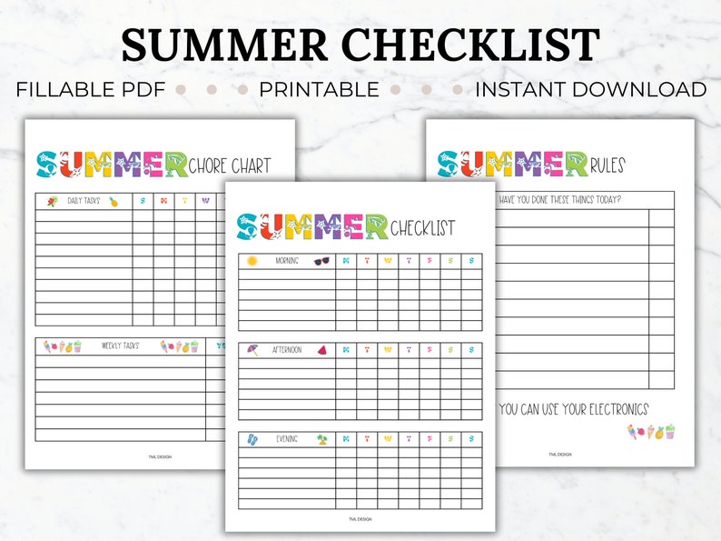 Printable Summer Daily Checklist Editable Chore Chart for Kids Summer ...