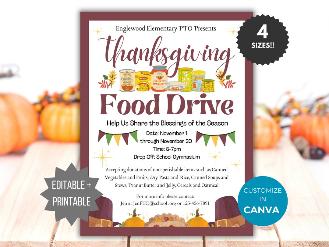 Fall Food Drive Flyer Template Library Donation Sign Editable Food ...