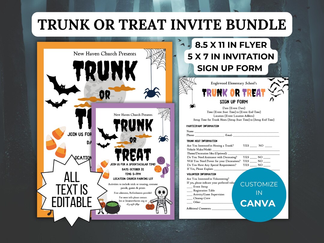 Trunk or Treat Flyer Invitation Sign up Form PTO Template Bundle ...