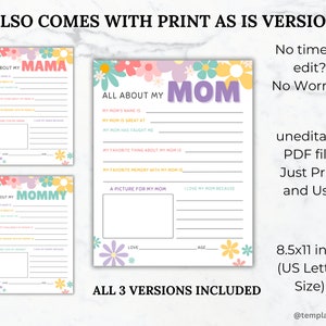 All About My Mom Printable Mothers Day Gift Idea Mom Thank You Gift ...
