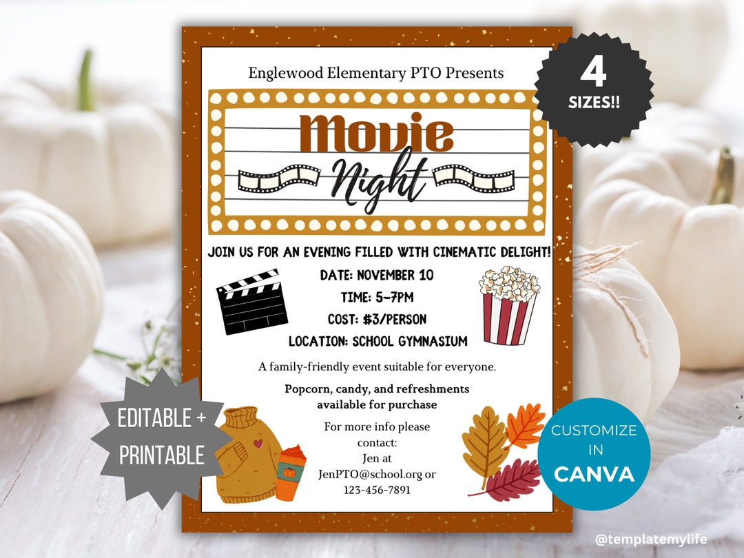 Fall Movie Night Invitation PTO Template School Autumn Fundraiser PTA ...