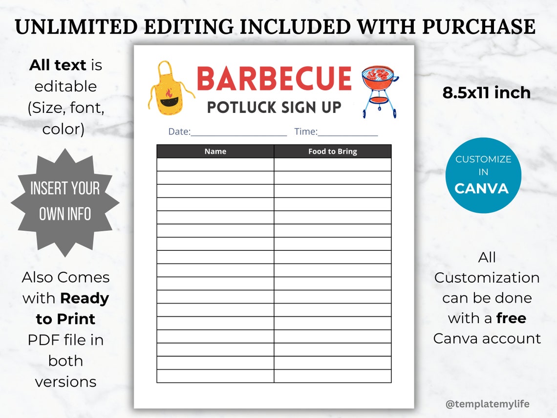 BBQ Potluck Sign up Sheet Template Summer Barbecue Potluck Sign up ...